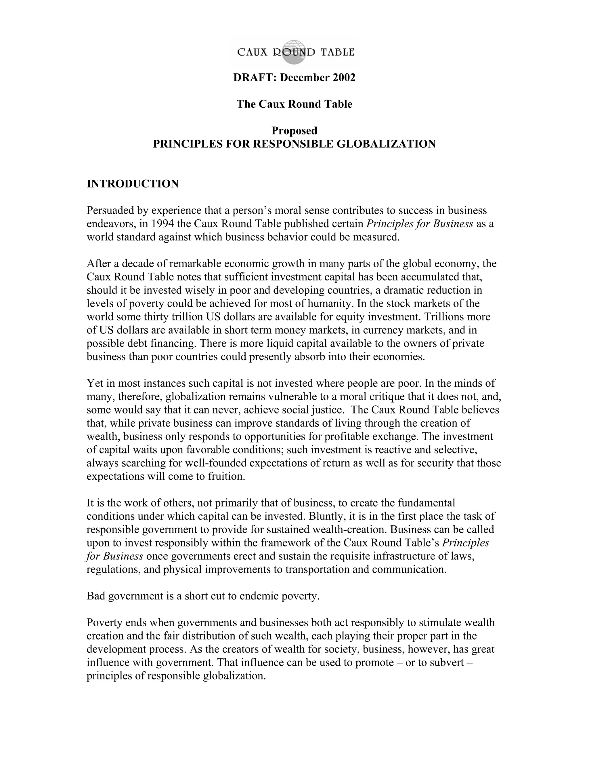 Caux round Table - Principles for globalization | PDF