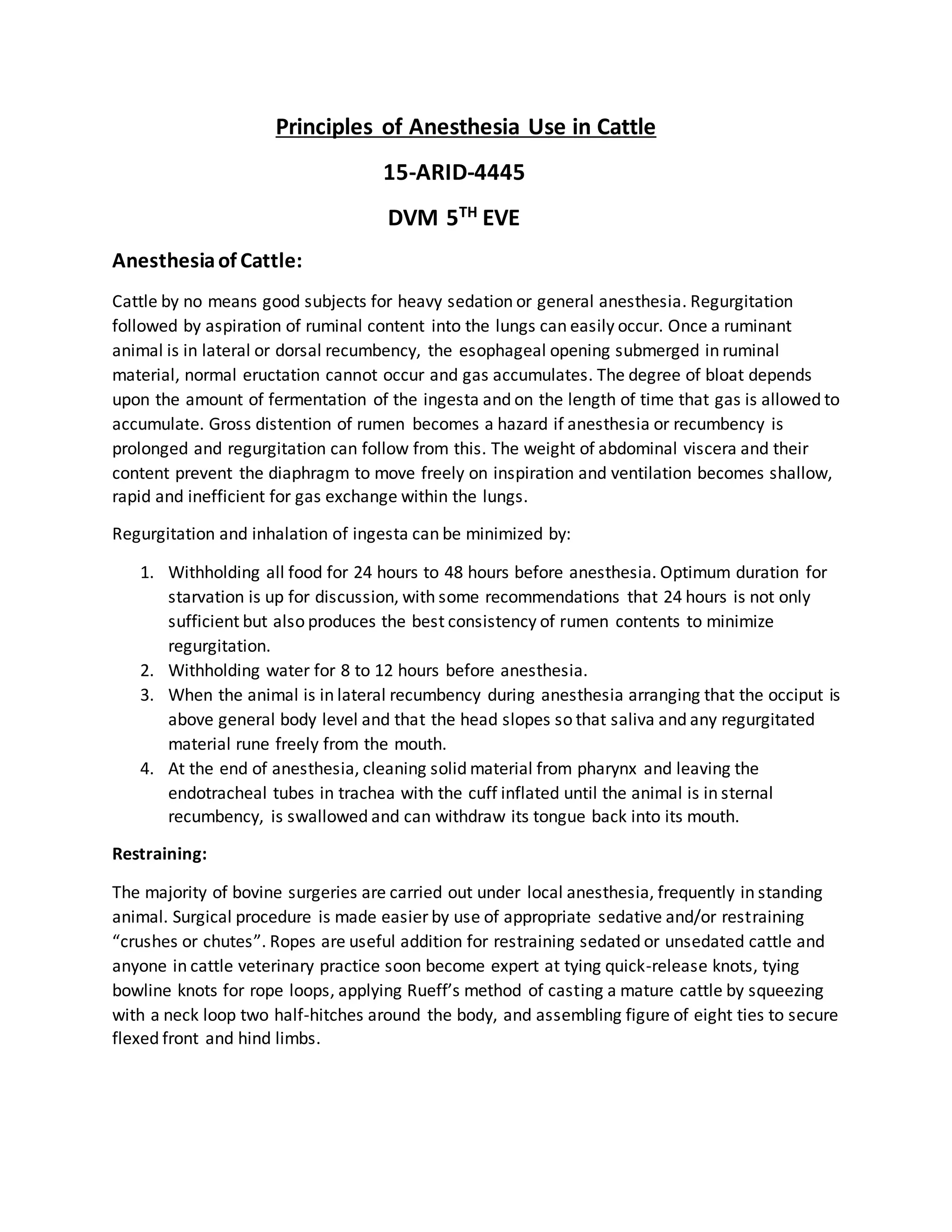 Principles of anesthesia use in cattle | DOCX