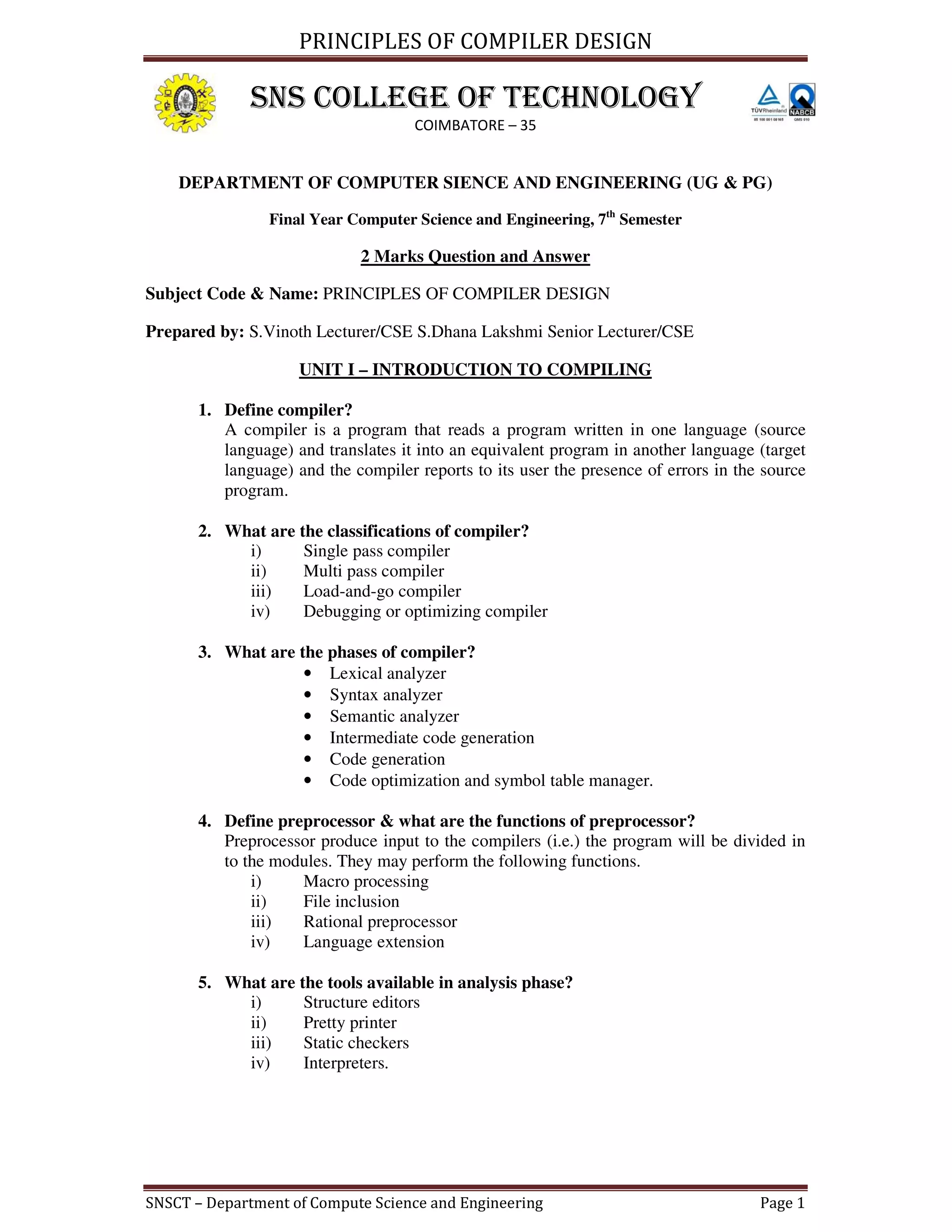 Principles of compiler design | PDF