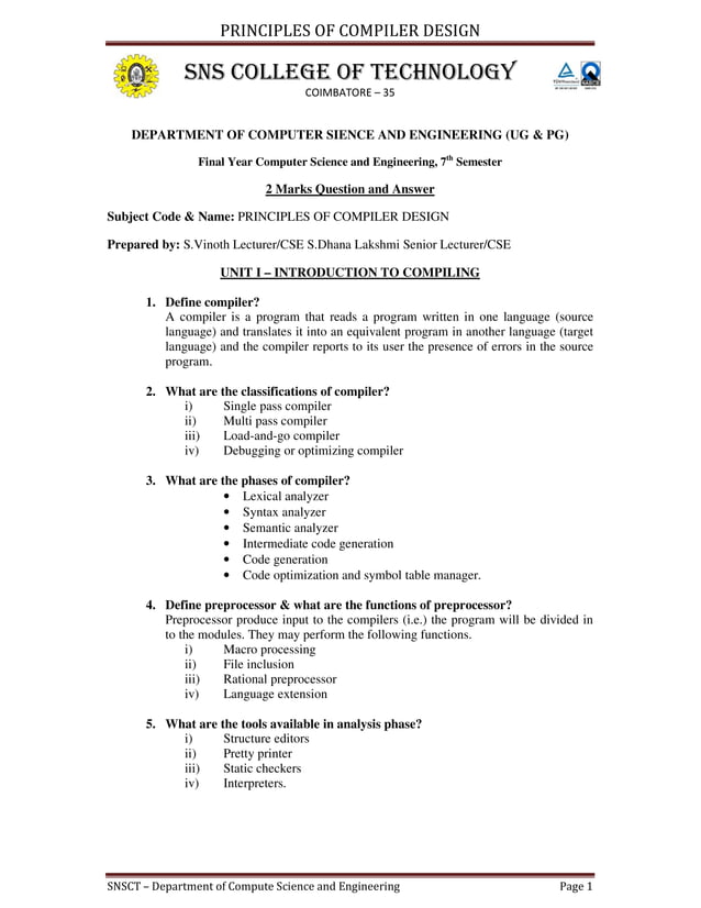 Principles of compiler design | PDF