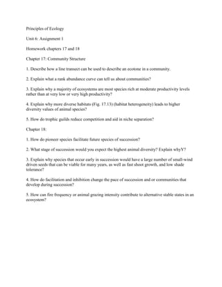 Principles of Ecology Unit 6- Assignment 1 Homework chapters 17 and 18 ...