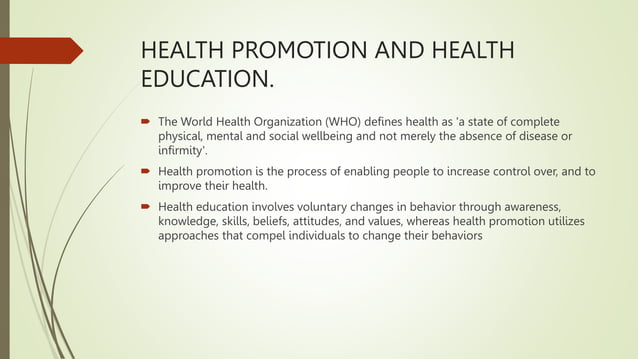 PRINCIPLES OF HEALTH PROMOTION AND HEALTH EDUCATION.pptx | Healthy Living