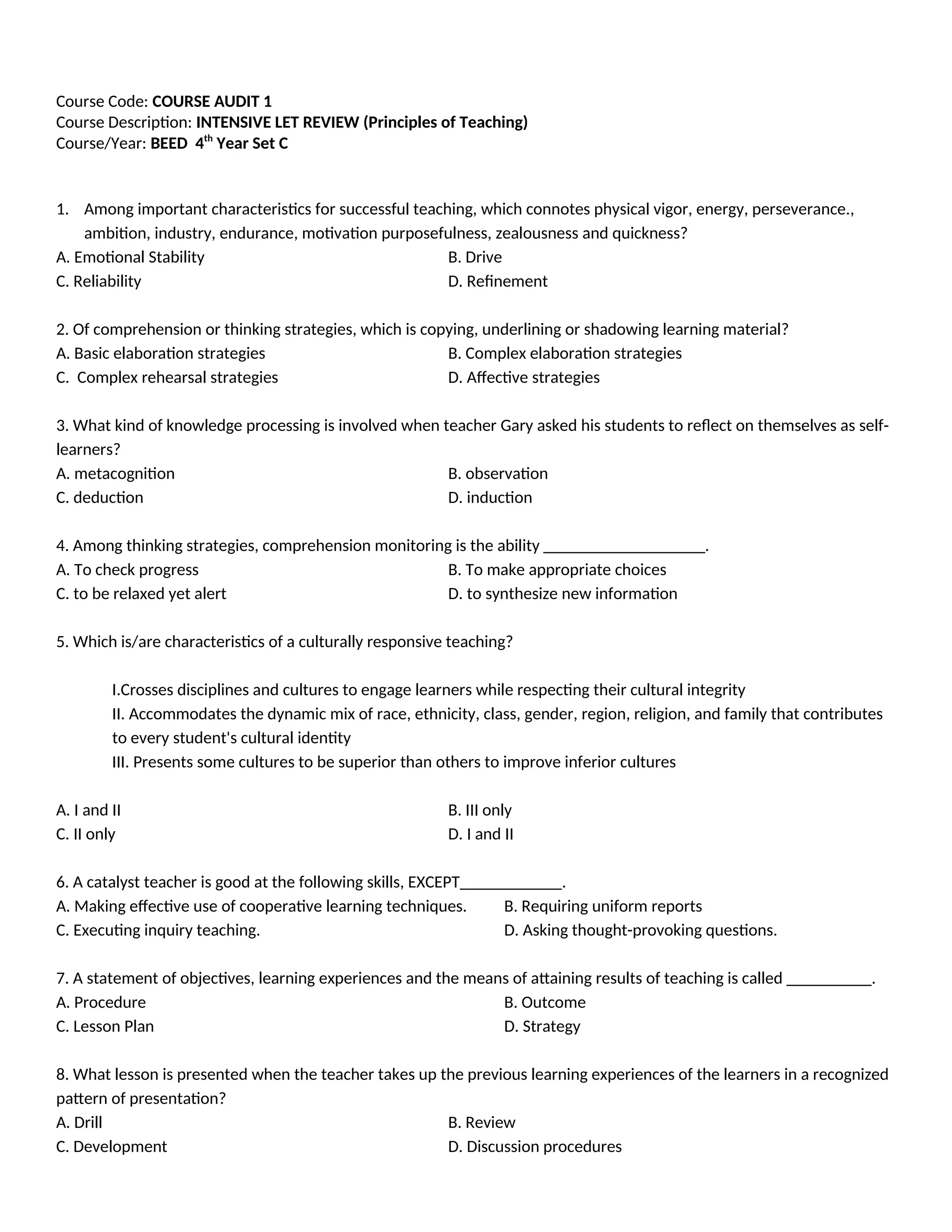 PRINCIPLES OF Learning for Mock board Examinations | DOCX