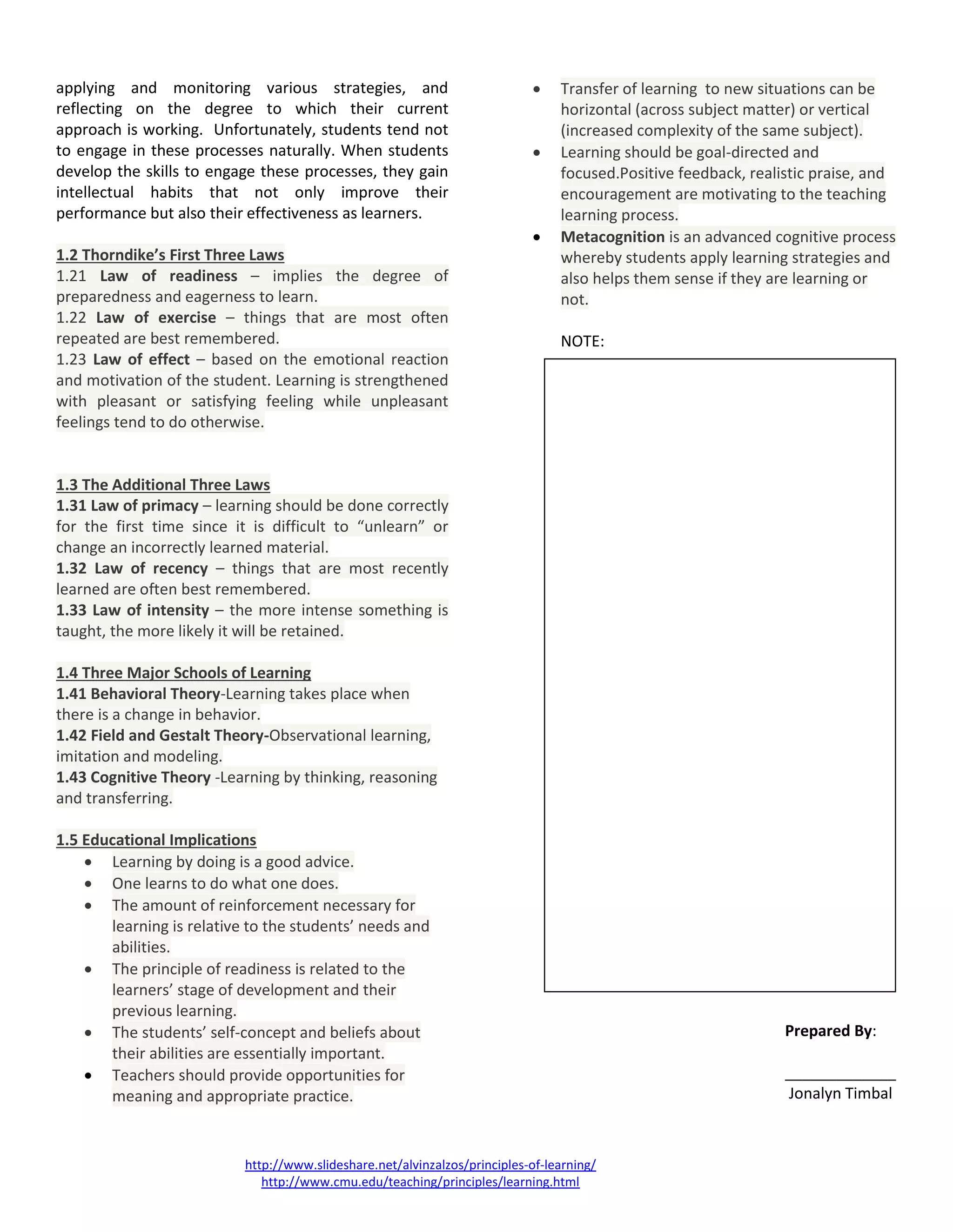 Principles of learning handouts | DOCX | Primary Education | Education