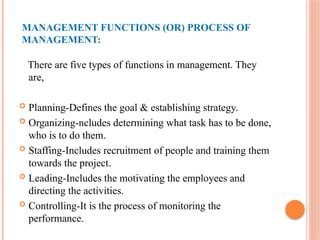 principles of management, funtions , importance and charateristics | PPT