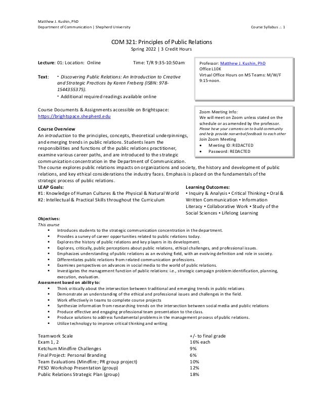 Principles of Public Relations class syllabus, Spring 2022 | PDF