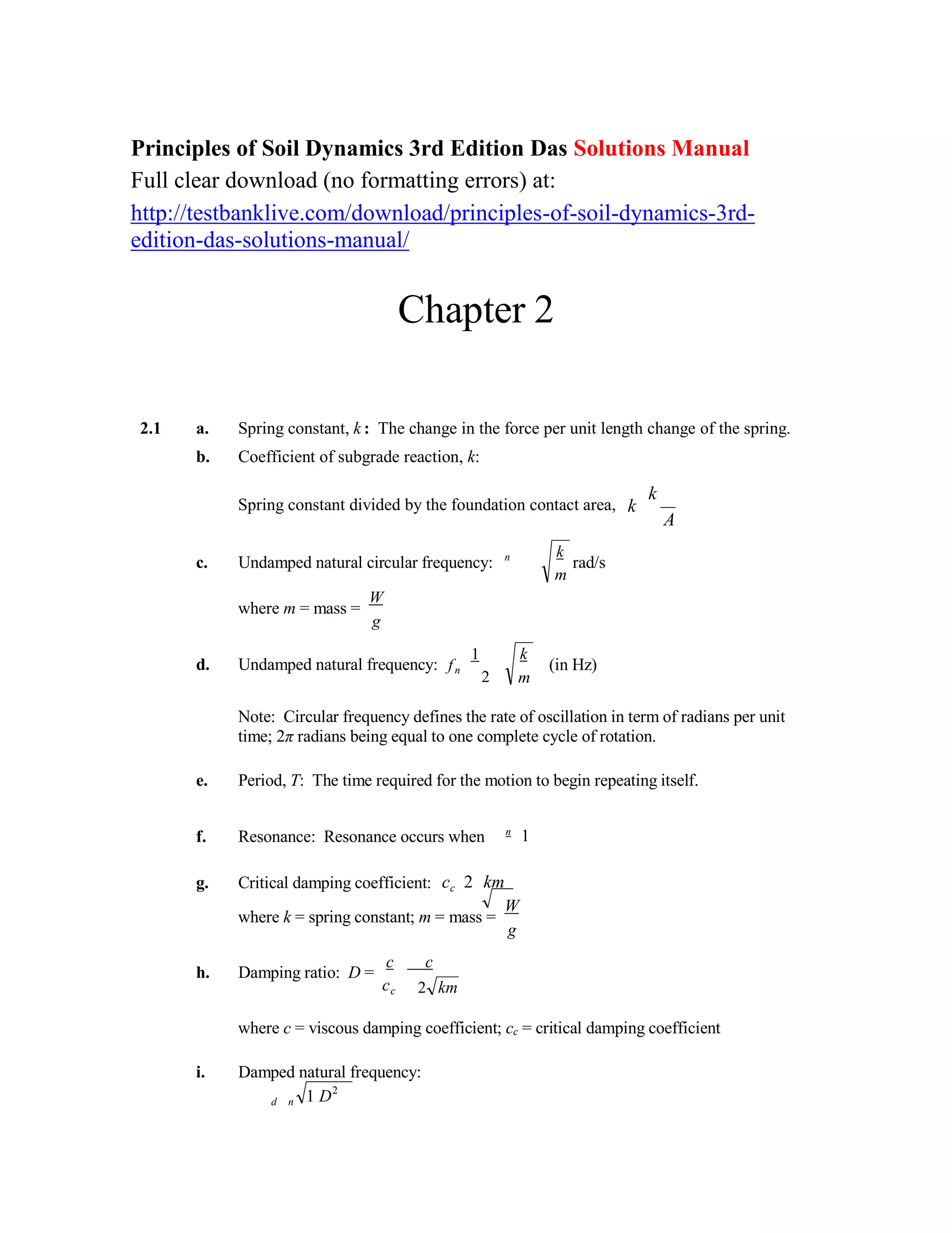 Principles of soil dynamics 3rd edition das solutions manual | PDF