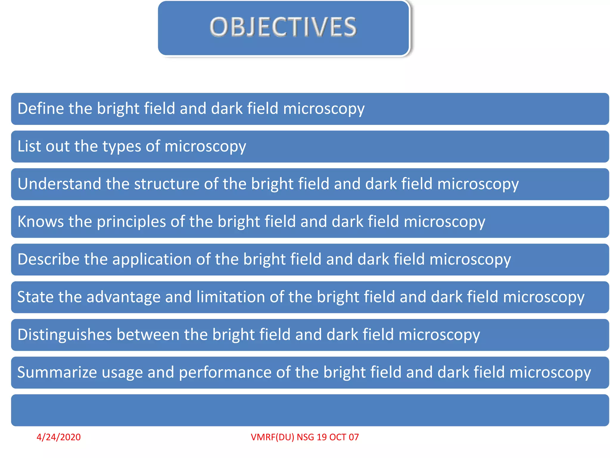 Principles, structure and apllications of bright field and dark field ...