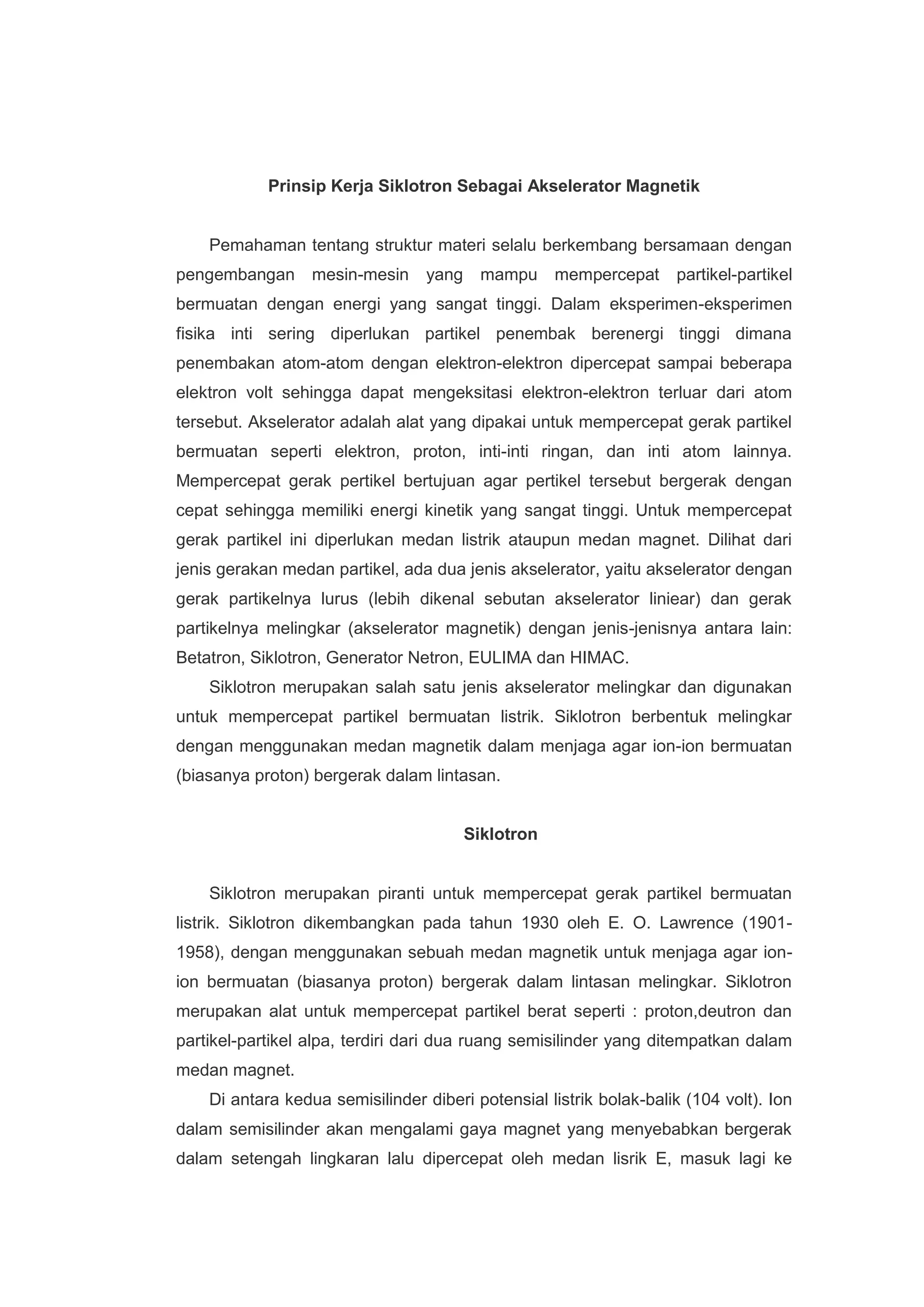 Prinsip kerja siklotron sebagai akselerator magnetik | PDF