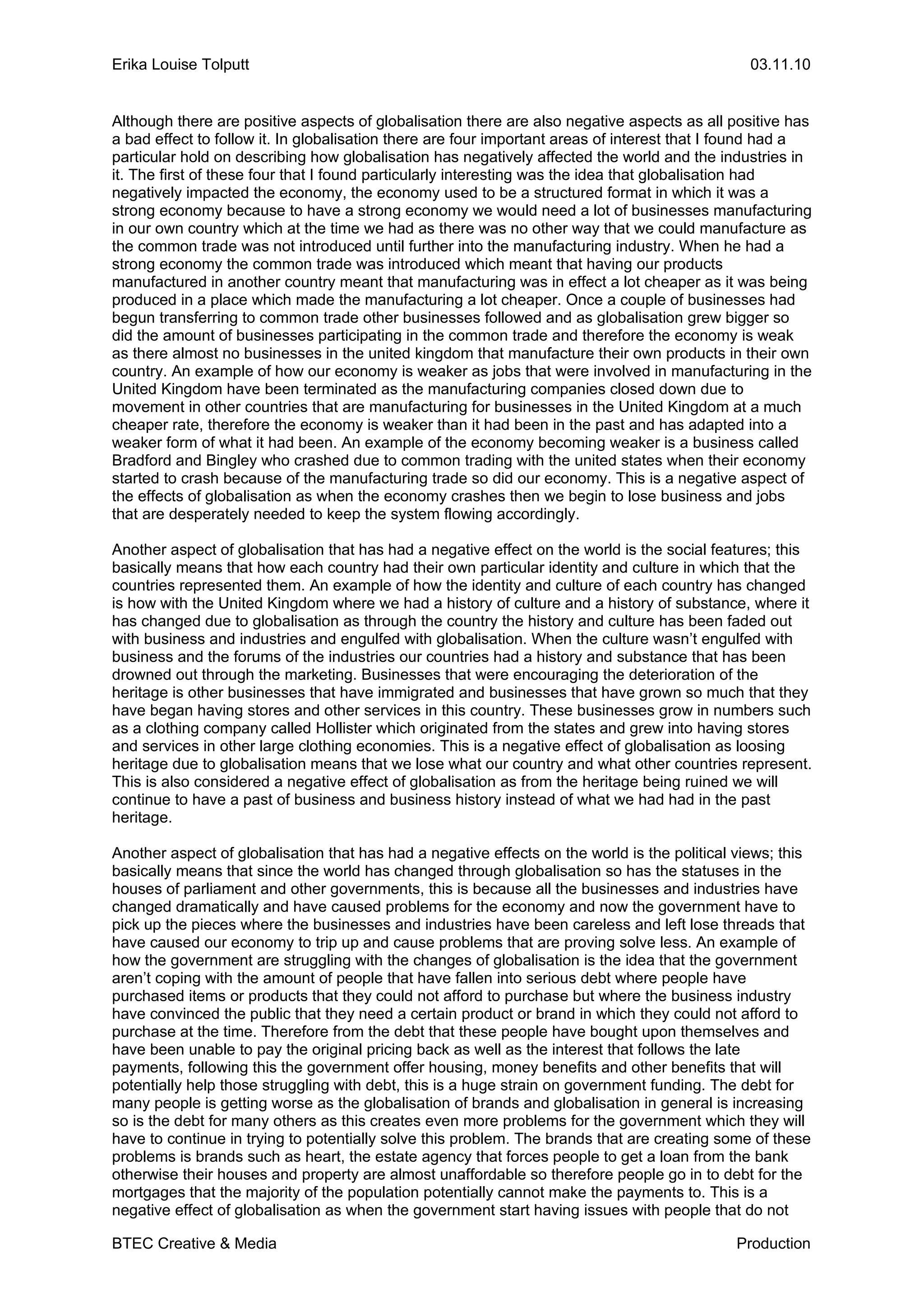 Globalisation Essay | DOC