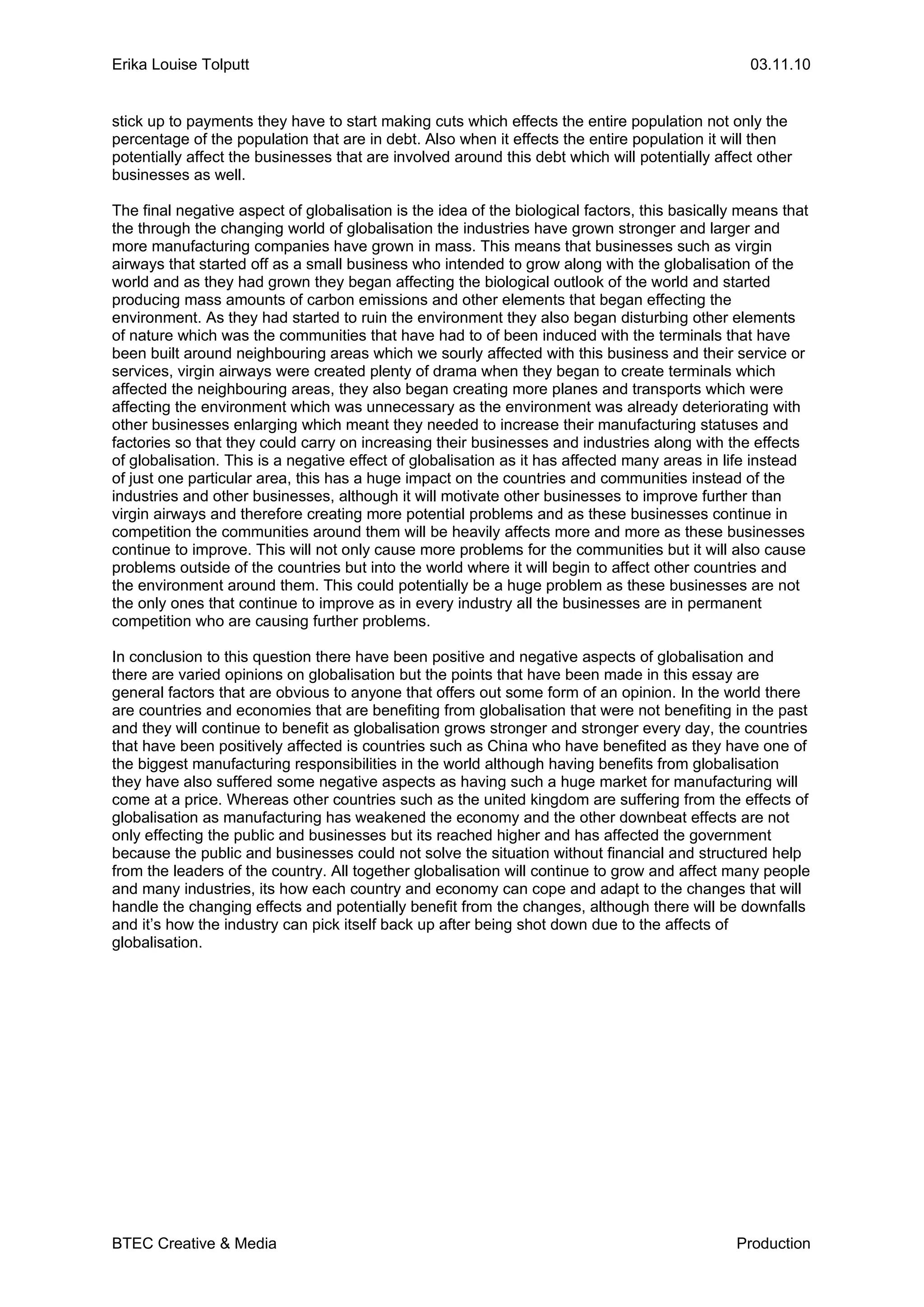 Globalisation Essay | DOC