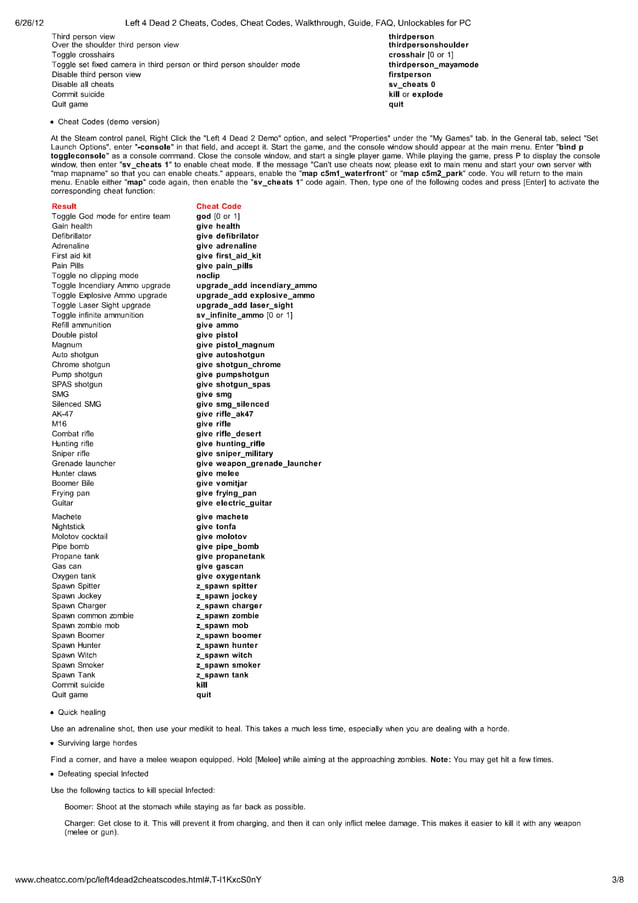 Print left 4 dead 2 cheats, codes, cheat codes, walkthrough, guide, faq, unlockables for pc | PDF