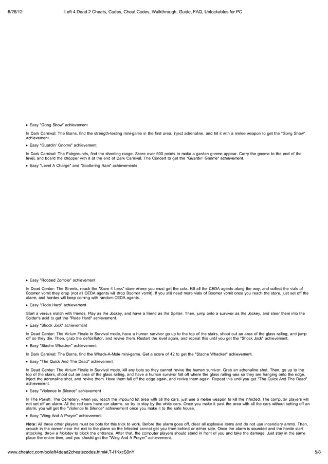 Print left 4 dead 2 cheats, codes, cheat codes, walkthrough, guide, faq, unlockables for pc | PDF