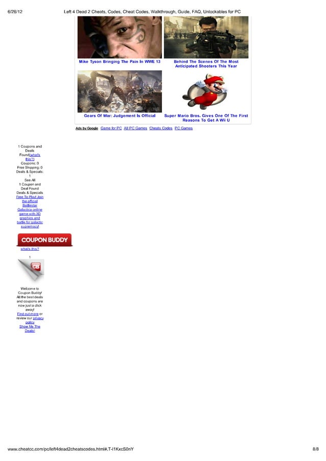 Print left 4 dead 2 cheats, codes, cheat codes, walkthrough, guide, faq, unlockables for pc | PDF