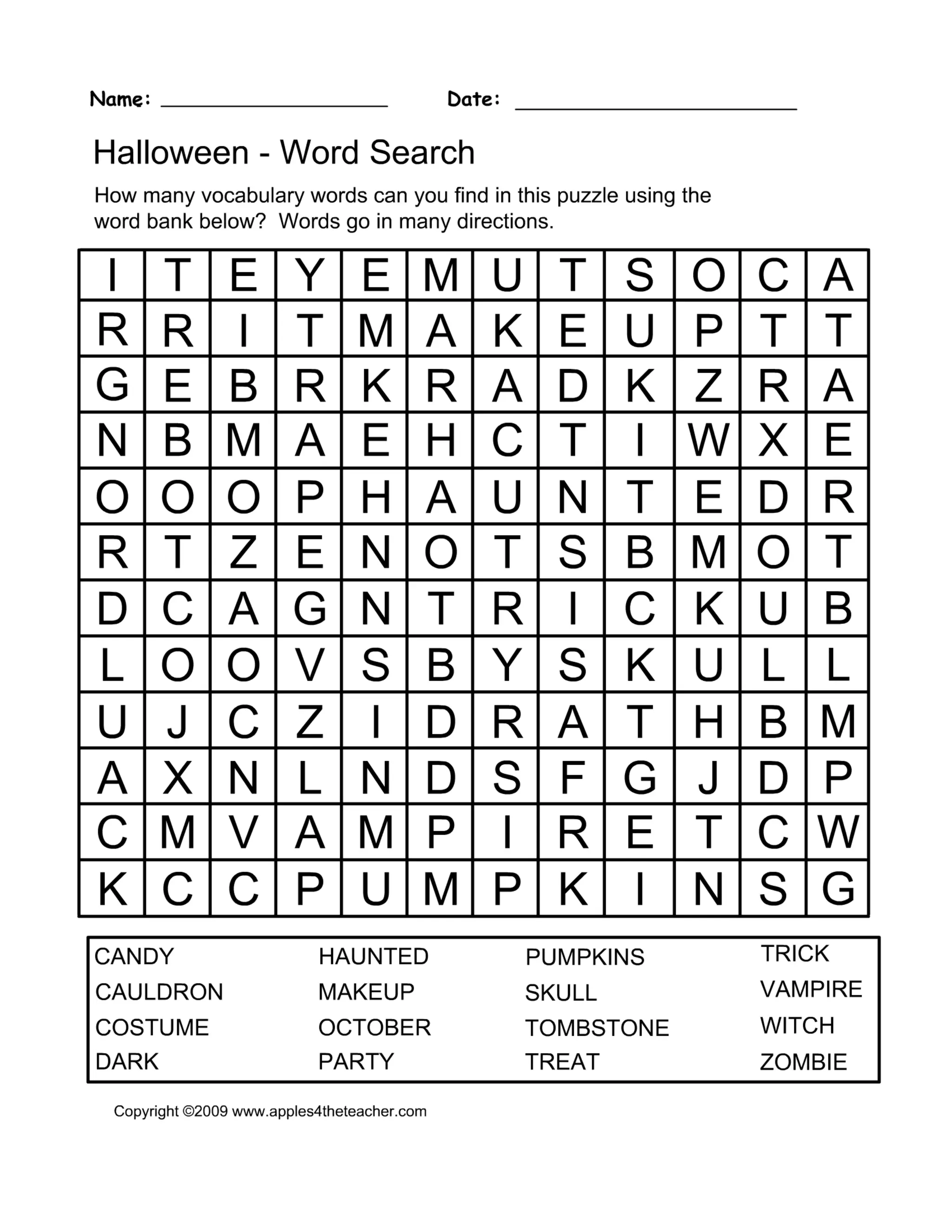 Printable halloween word search puzzle spooky halloween worksheets ...