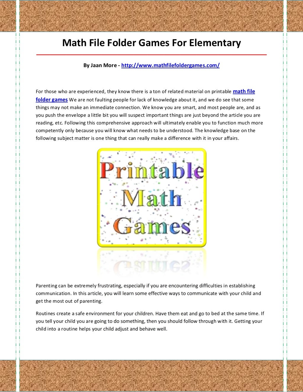 Printable math file folder games