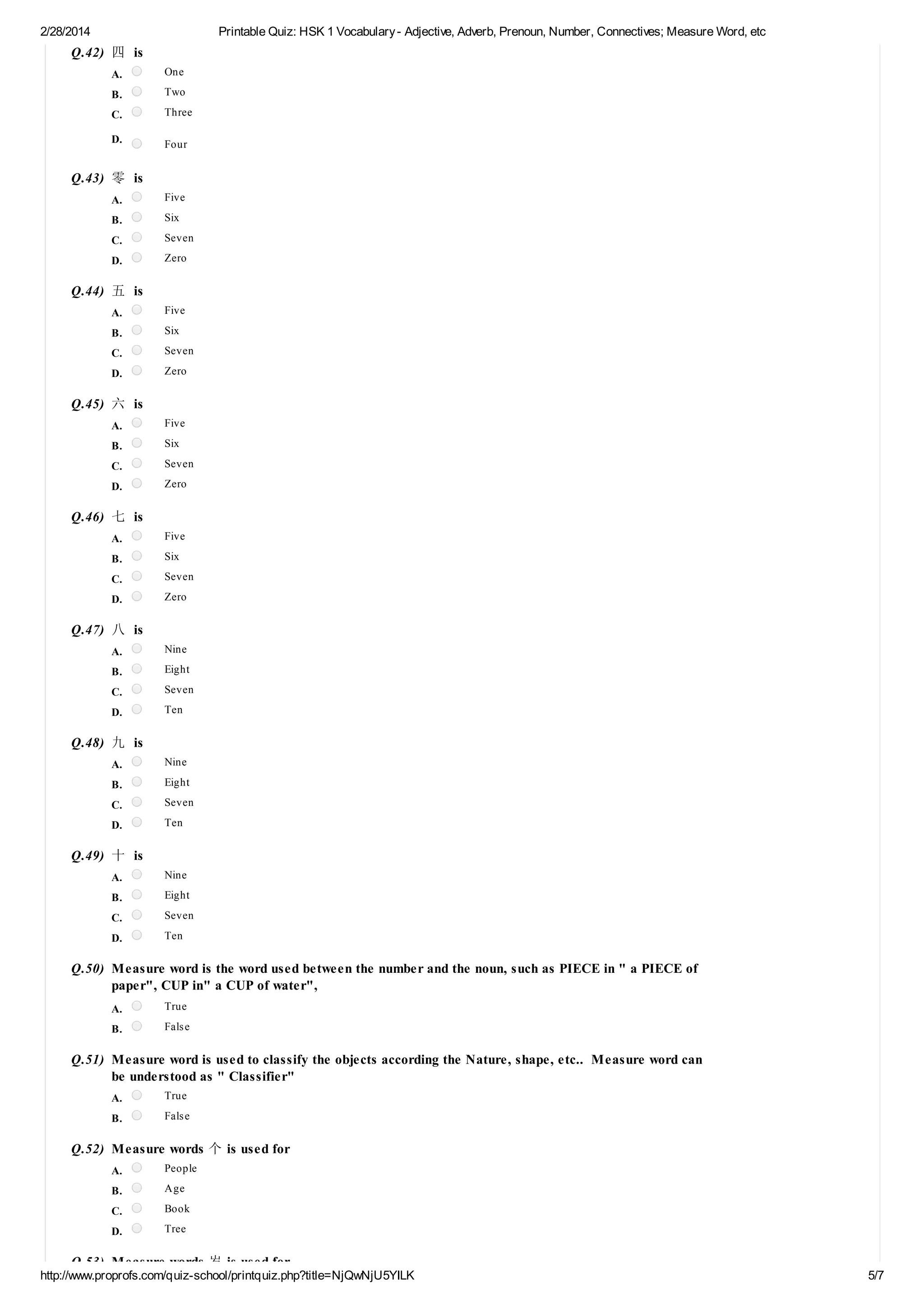 Printable quiz hsk 1 vocabulary adjective, adverb, prenoun, number ...