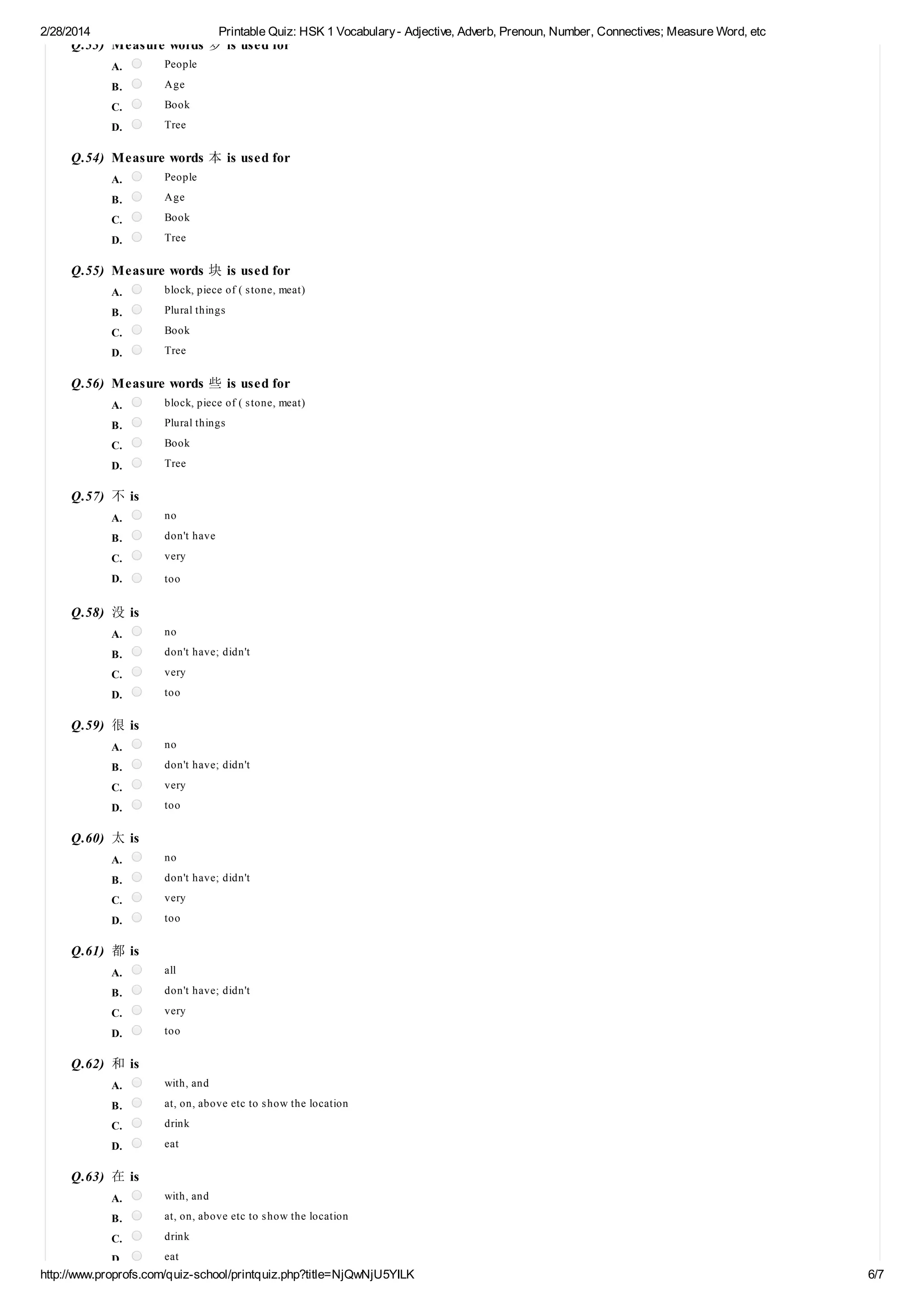Printable quiz hsk 1 vocabulary adjective, adverb, prenoun, number ...