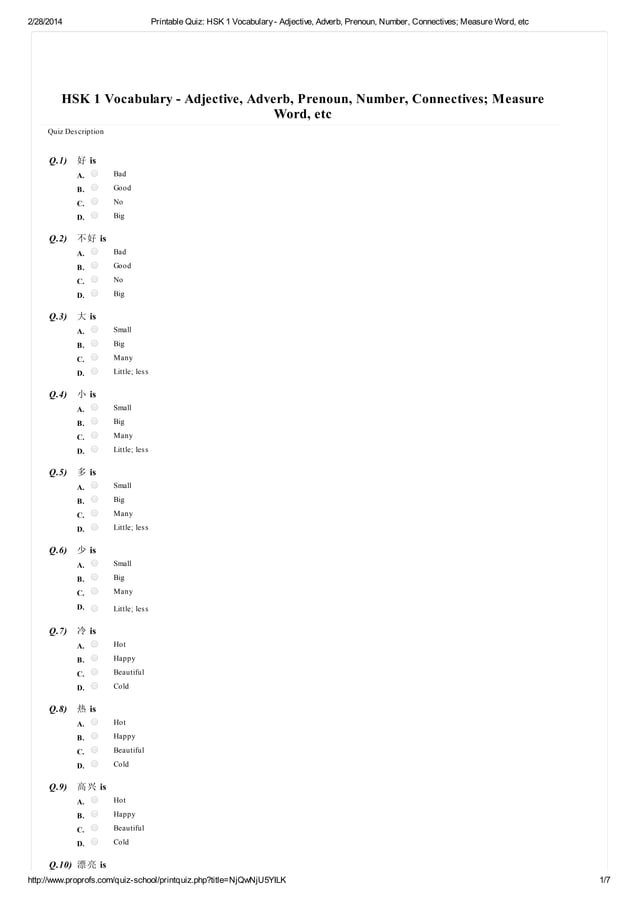Printable quiz hsk 1 vocabulary adjective, adverb, prenoun, number ...