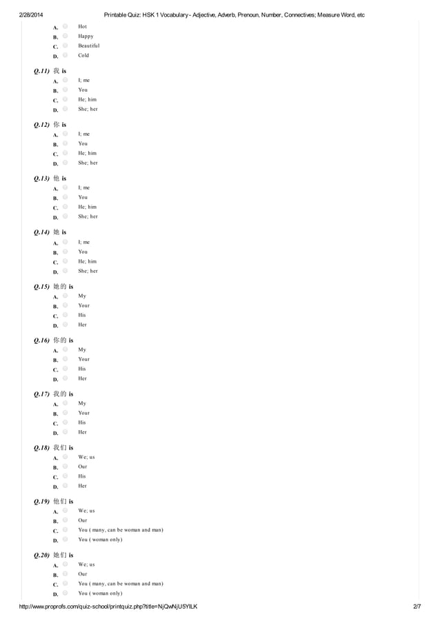 Printable quiz hsk 1 vocabulary adjective, adverb, prenoun, number ...