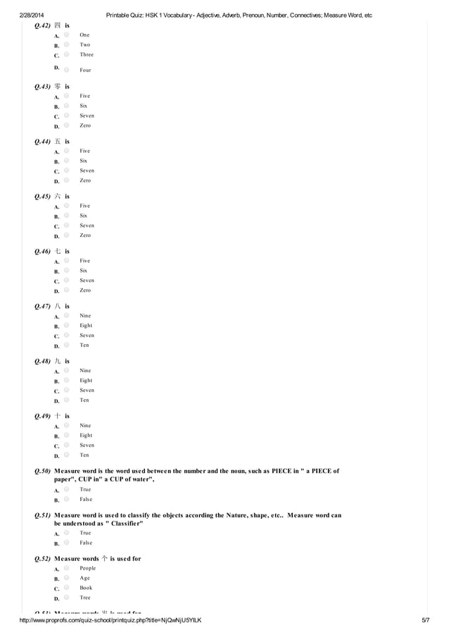 Printable quiz hsk 1 vocabulary adjective, adverb, prenoun, number ...