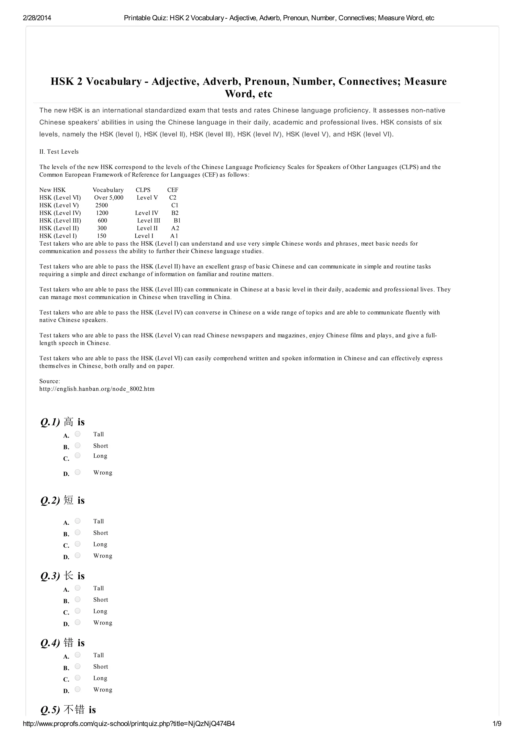 Printable quiz hsk 2 vocabulary adjective, adverb, prenoun, number ...