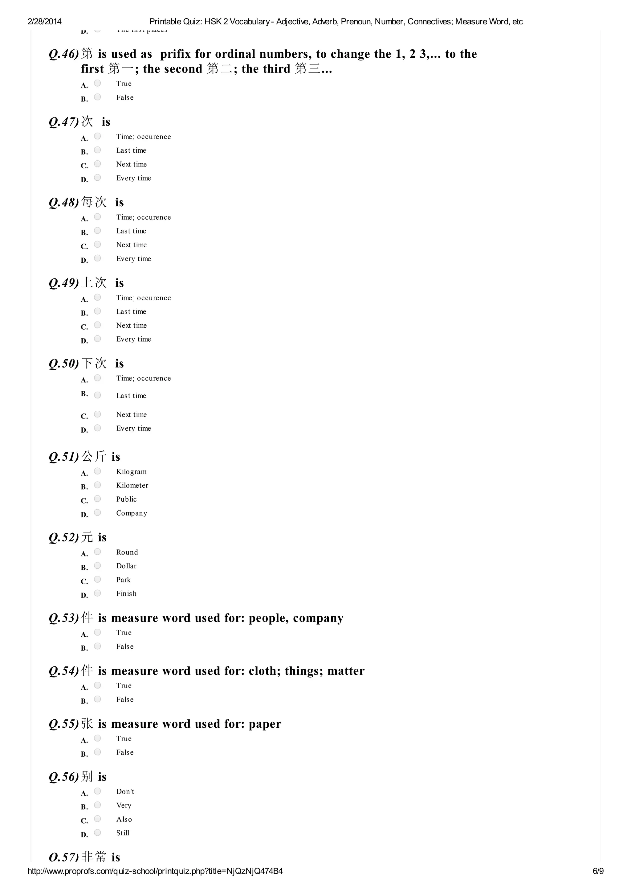 Printable quiz hsk 2 vocabulary adjective, adverb, prenoun, number ...
