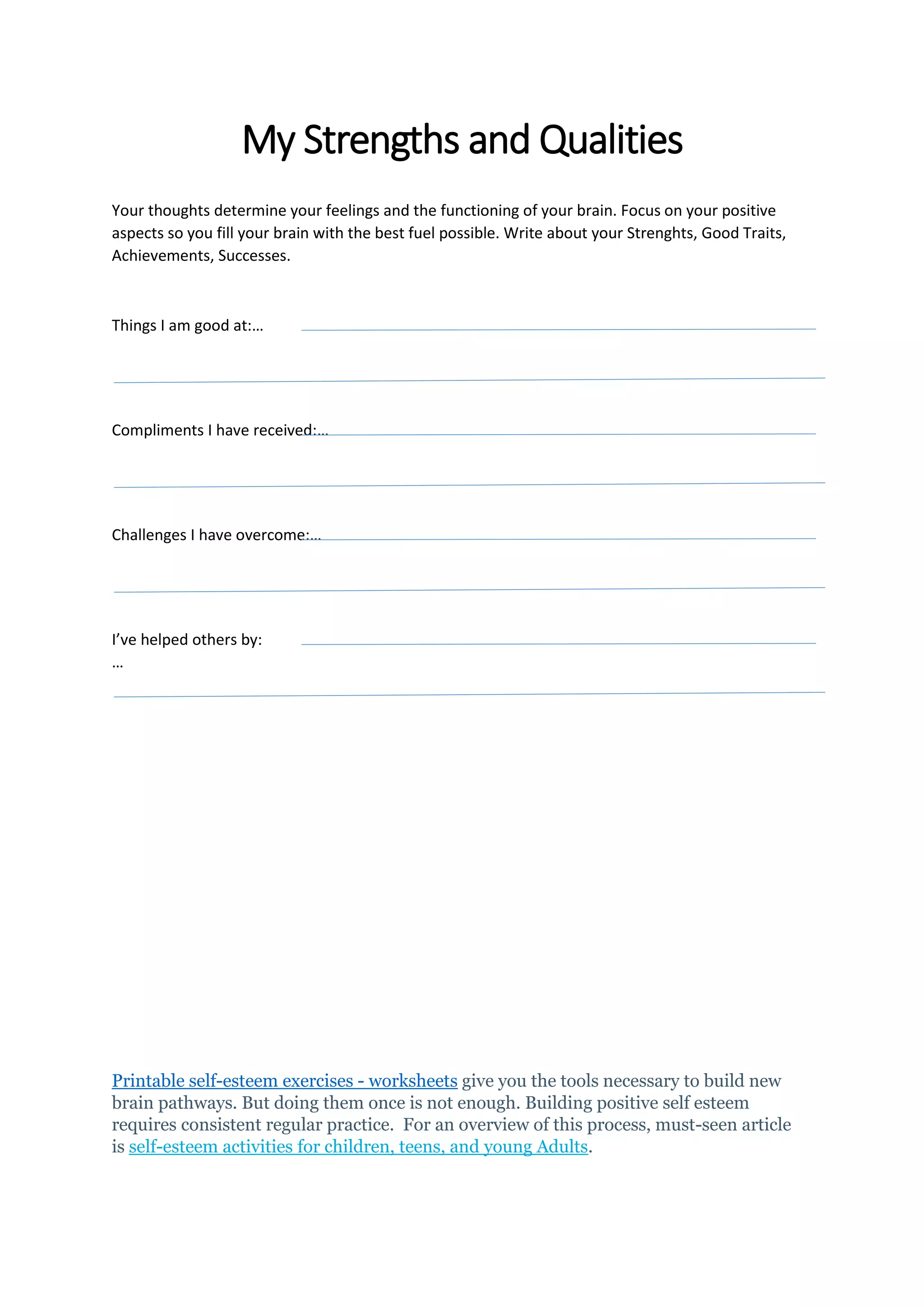 Printable self esteem worksheets for kids, teens and adults | PDF