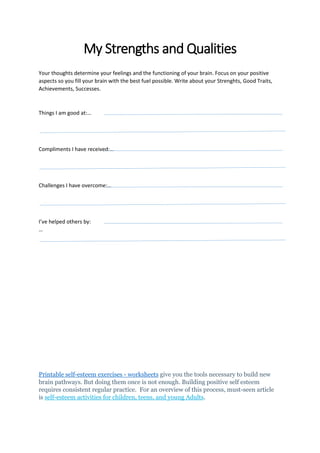 Printable self esteem worksheets for kids, teens and adults | PDF