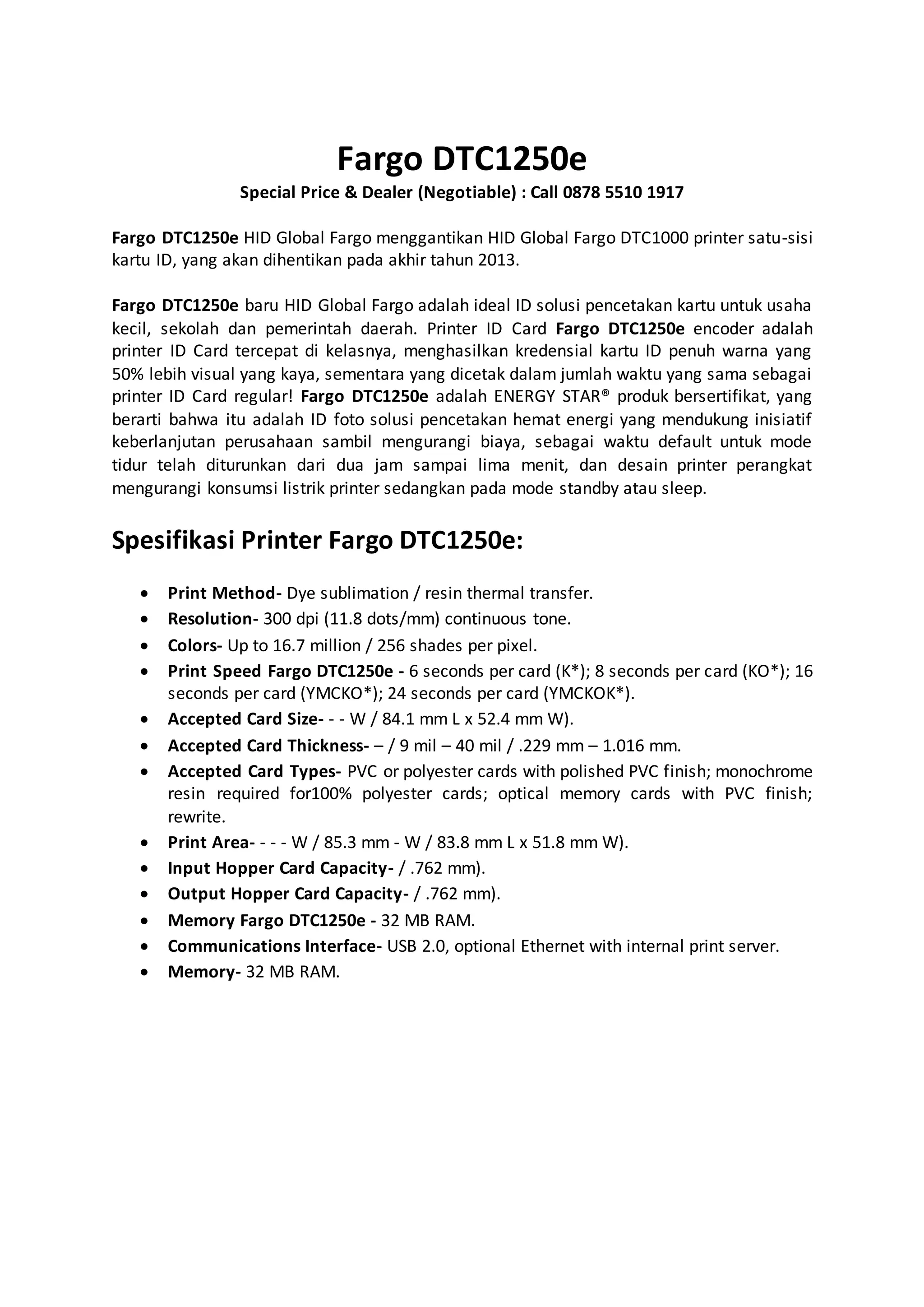 Printer fargo dtc1250e | DOCX