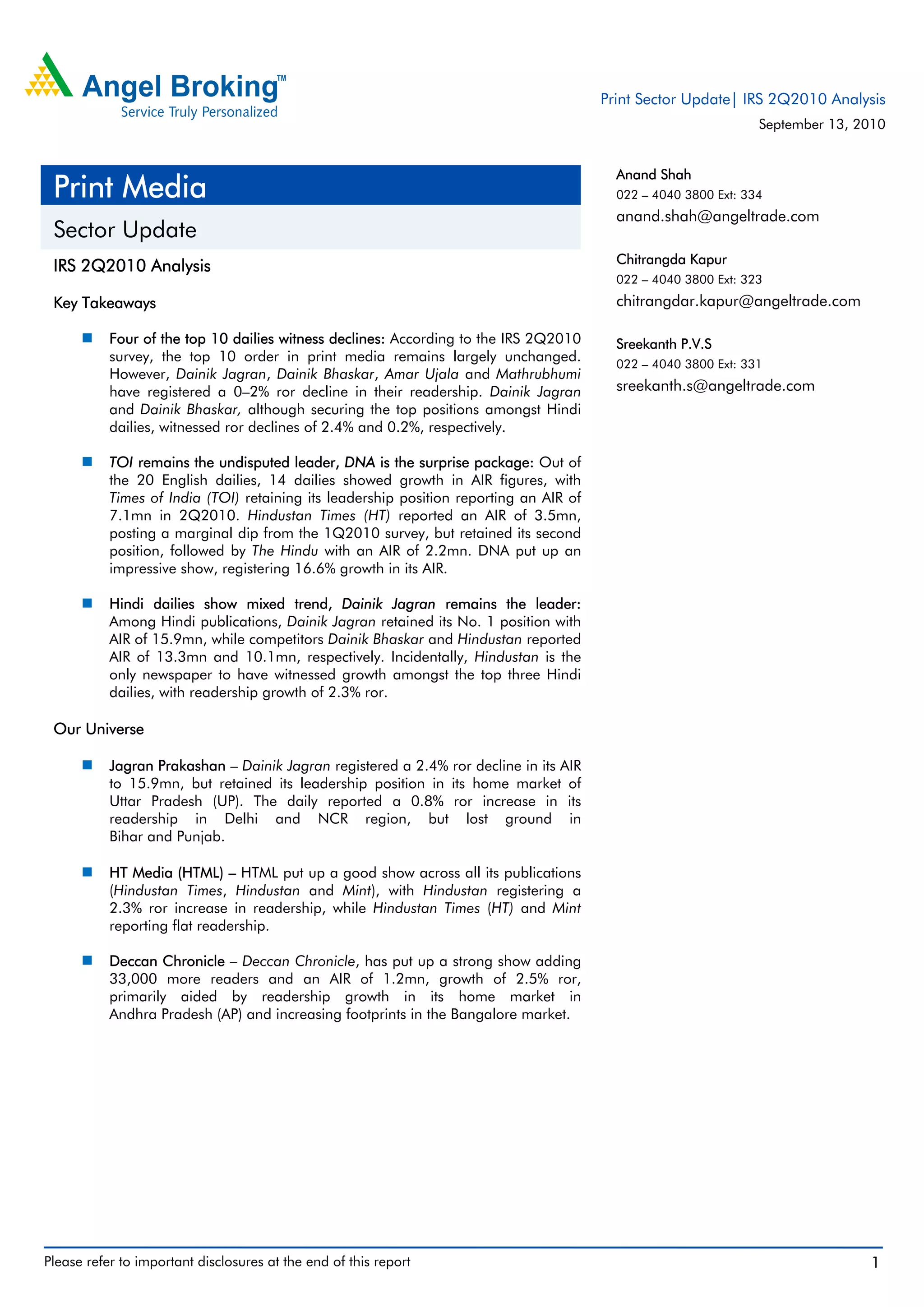Print Media -Sector Report | PDF