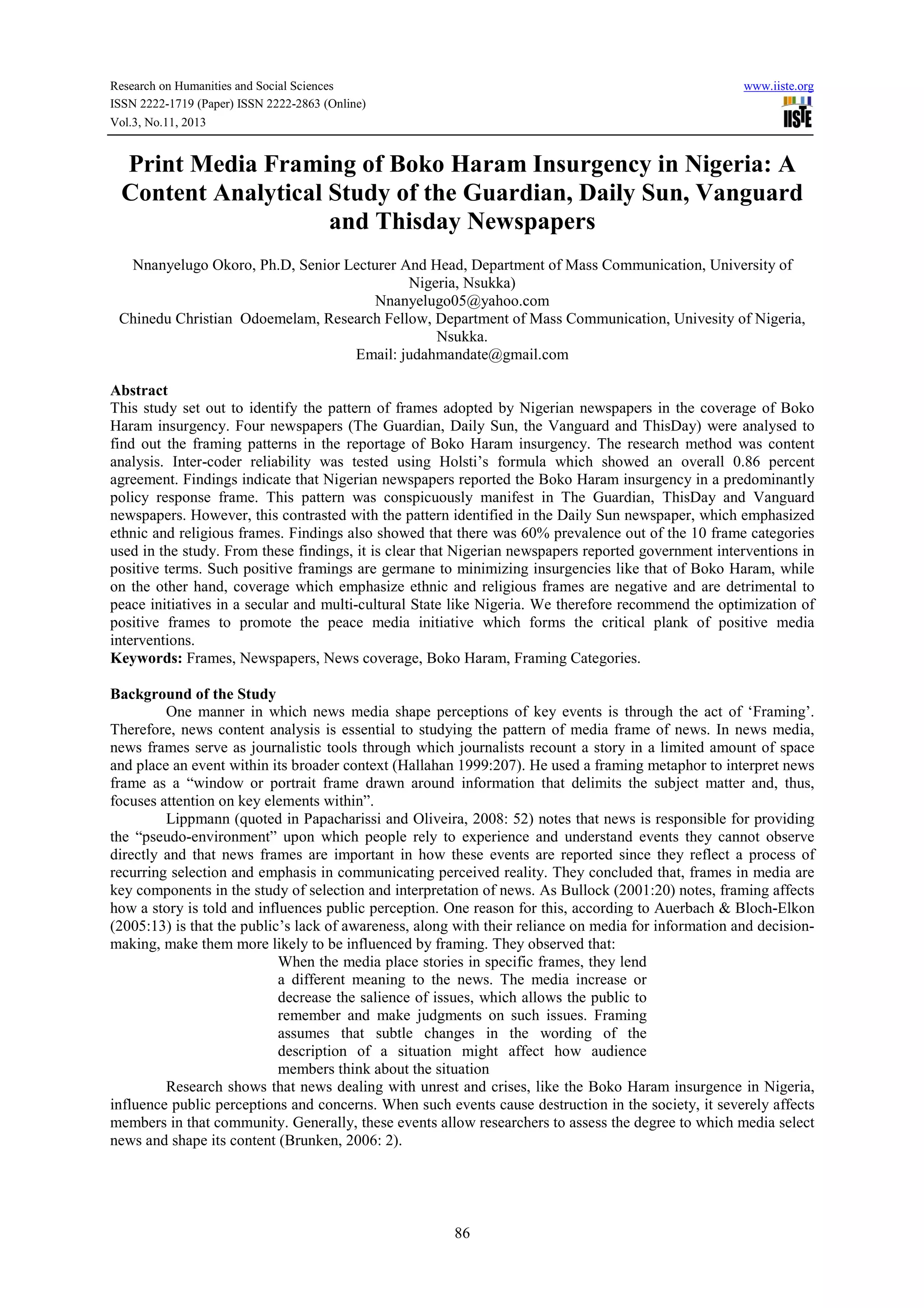 Print media framing of boko haram insurgency in nigeria a content ...