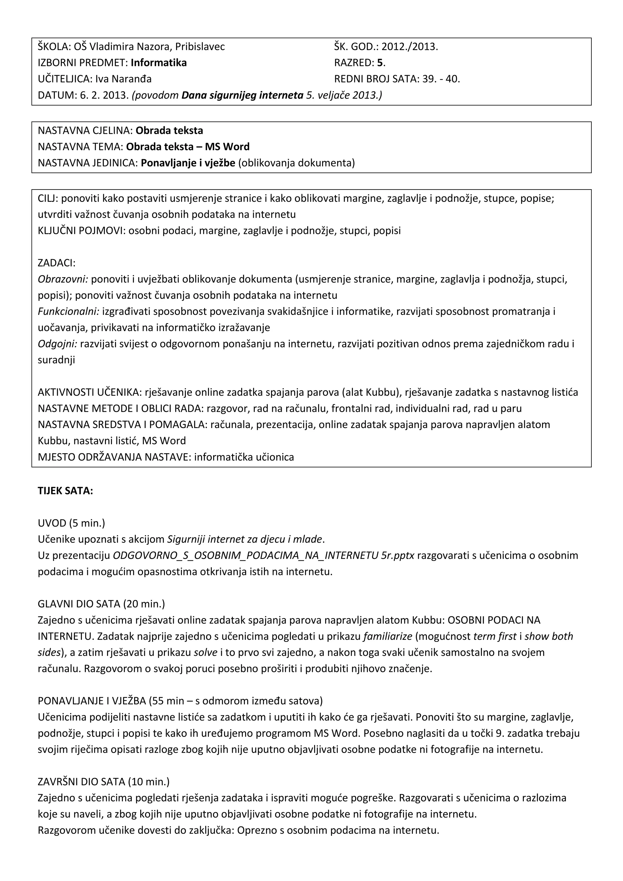 Priprema 5. razred - Microsoft Word | DOCX