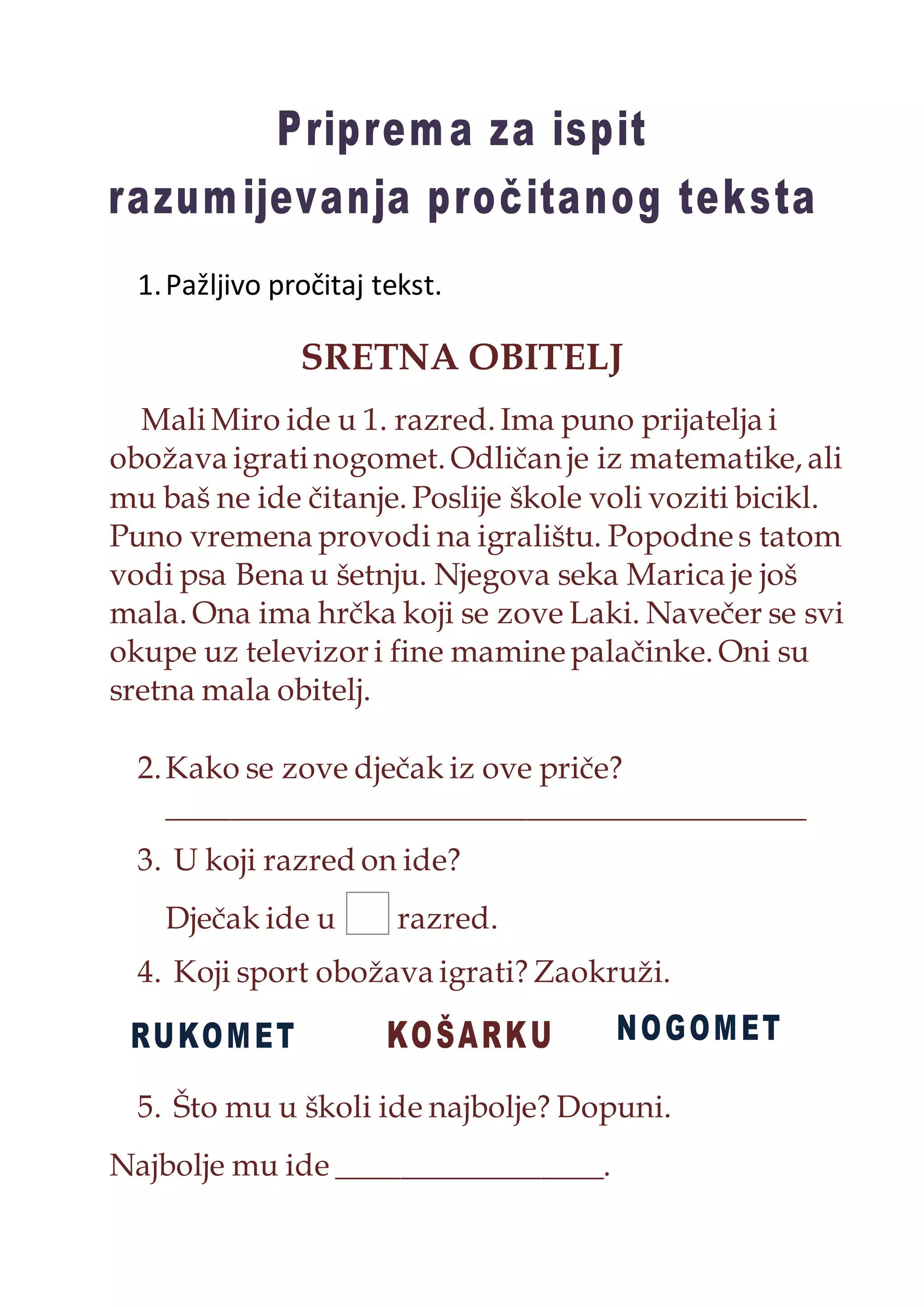 Pripremni listić pred ispit razumijevanja pročitanog teksta | DOCX