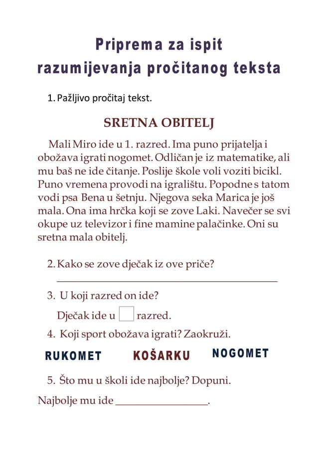 Pripremni listić pred ispit razumijevanja pročitanog teksta | DOCX