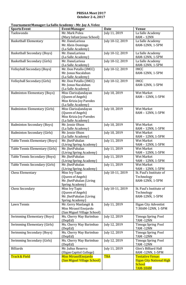 Prisaa 2019-schedule-of-games | PDF