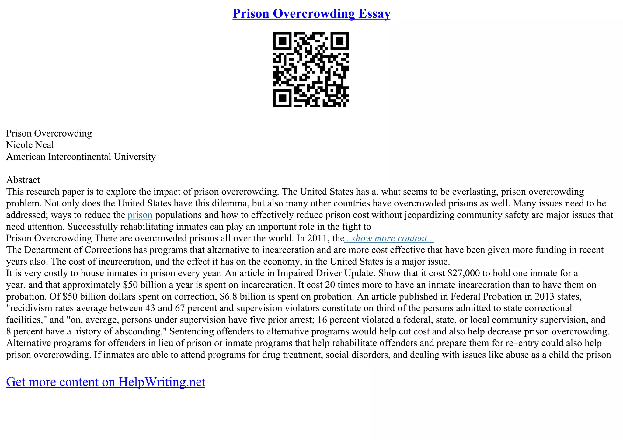 Prison Over Crowding Research Paper | PDF