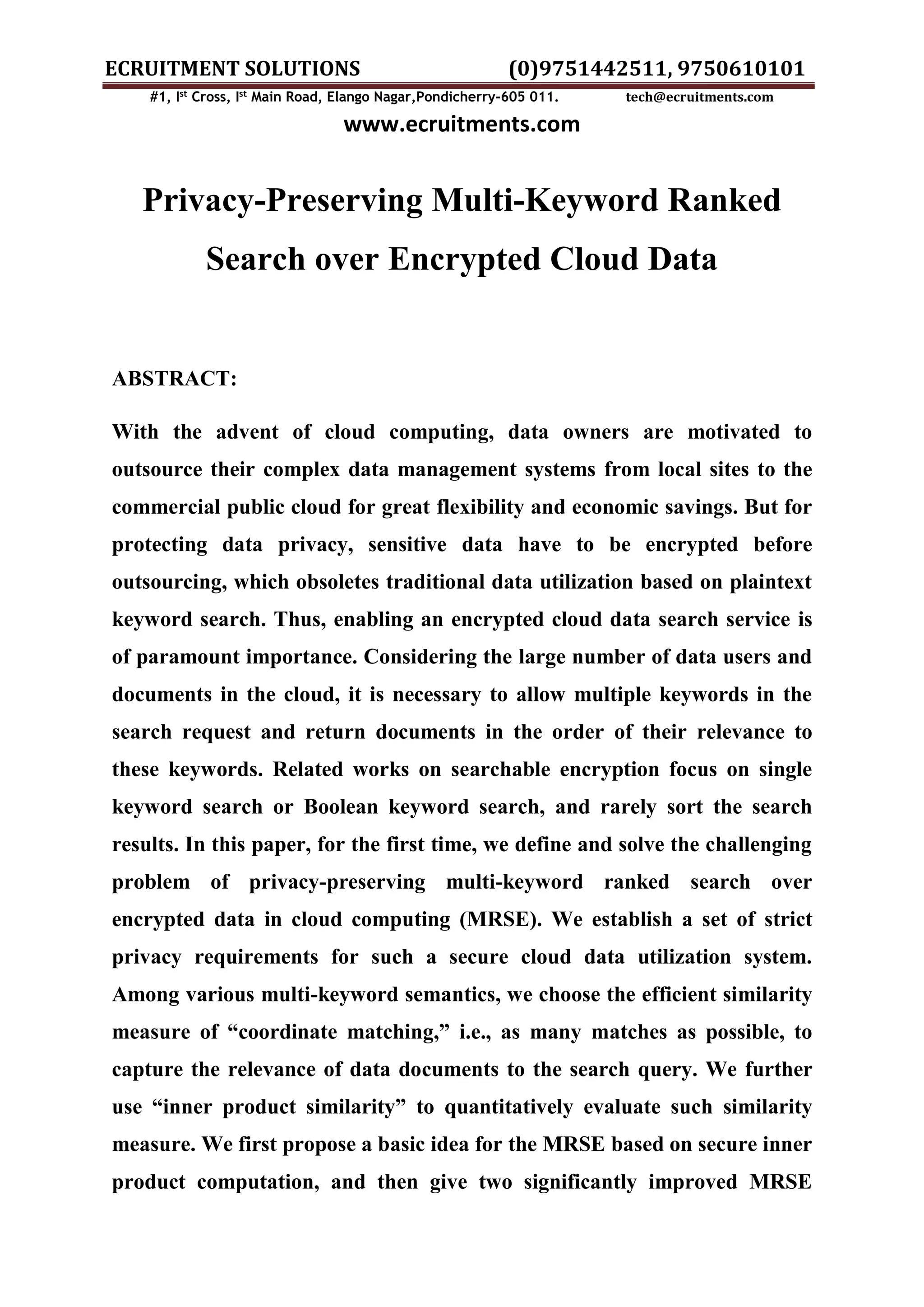 Privacy preserving multi-keyword ranked search over encrypted cloud data | PDF