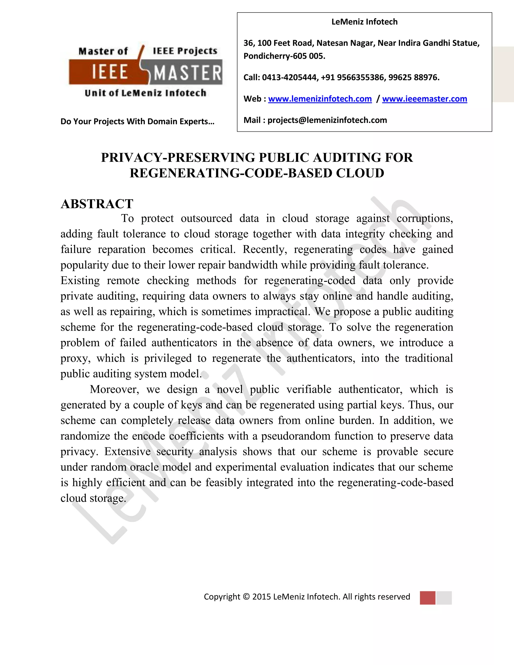 Privacy Preserving Public Auditing For Regenerating Code Based Cloud Storage Pdf