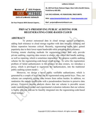 Privacy preserving public auditing for regenerating-code-based cloud storage | PDF