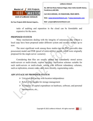 Privacy preserving public auditing for regenerating-code-based cloud storage | PDF