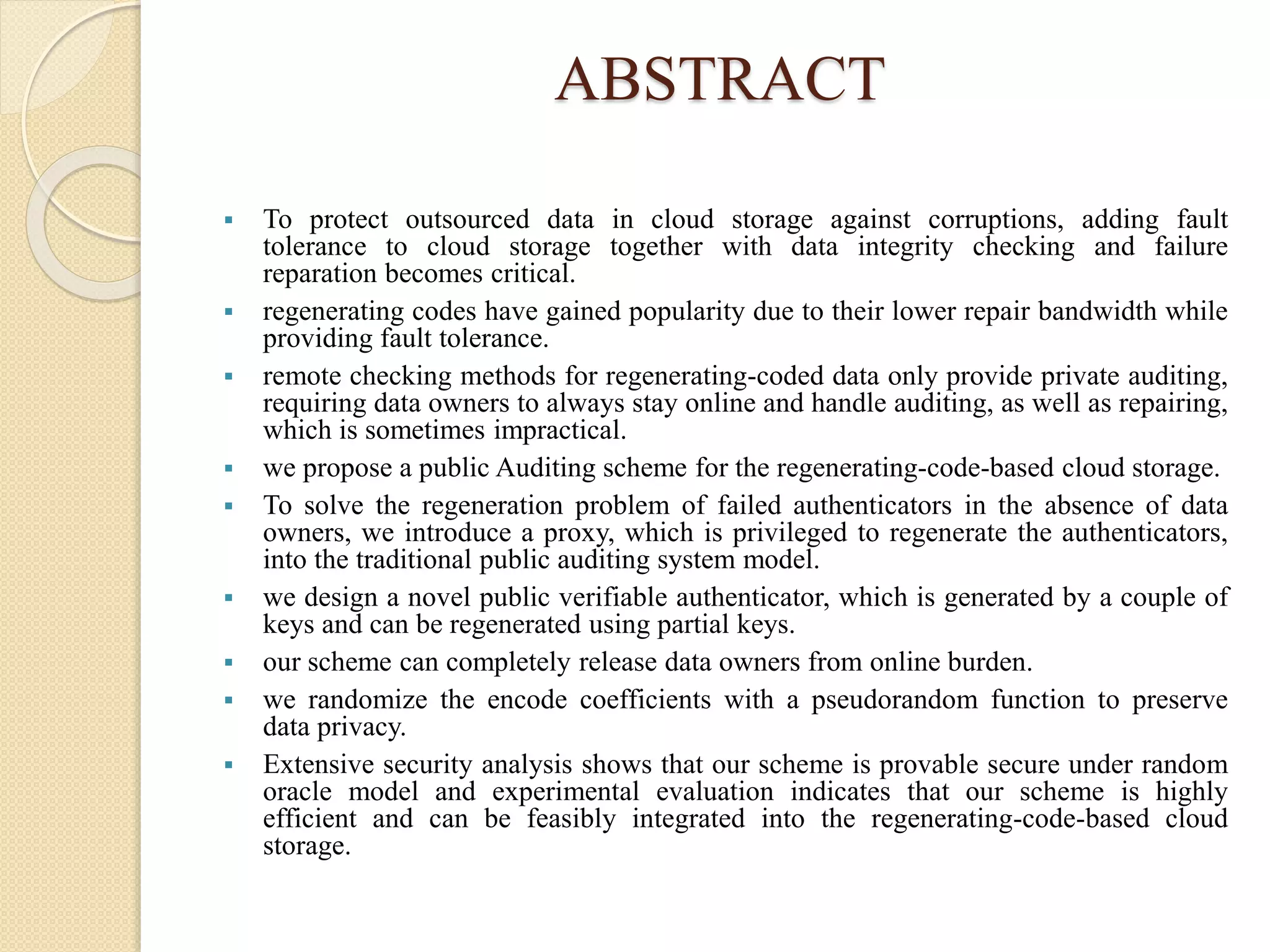 Privacy preserving public auditing for regenerating-code-based cloud storage | PPT