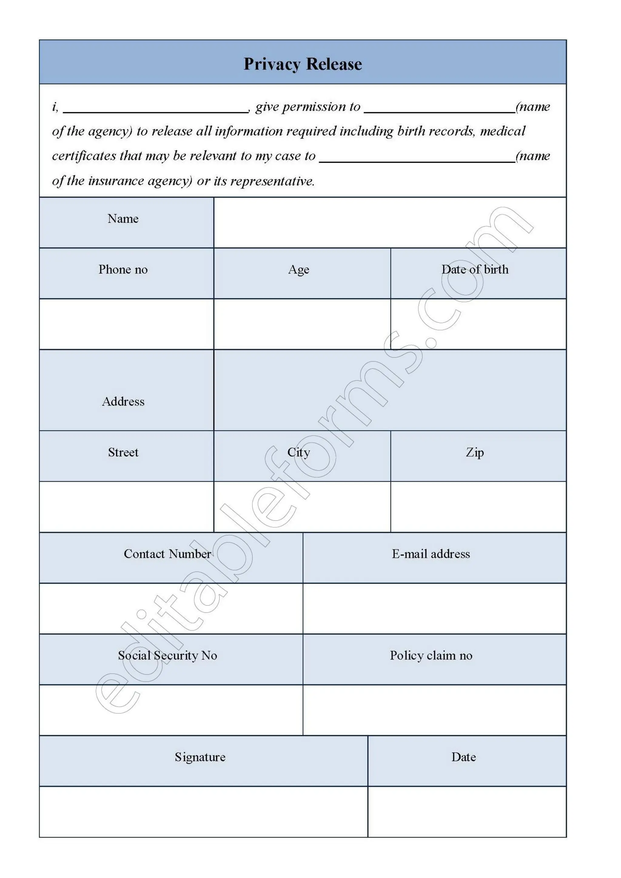 Privacy Release Fillable PDF Template Download | PDF