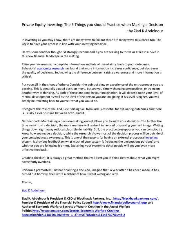 Private Equity Investing: The 5 Things you should Practice when Making a Decision | PDF