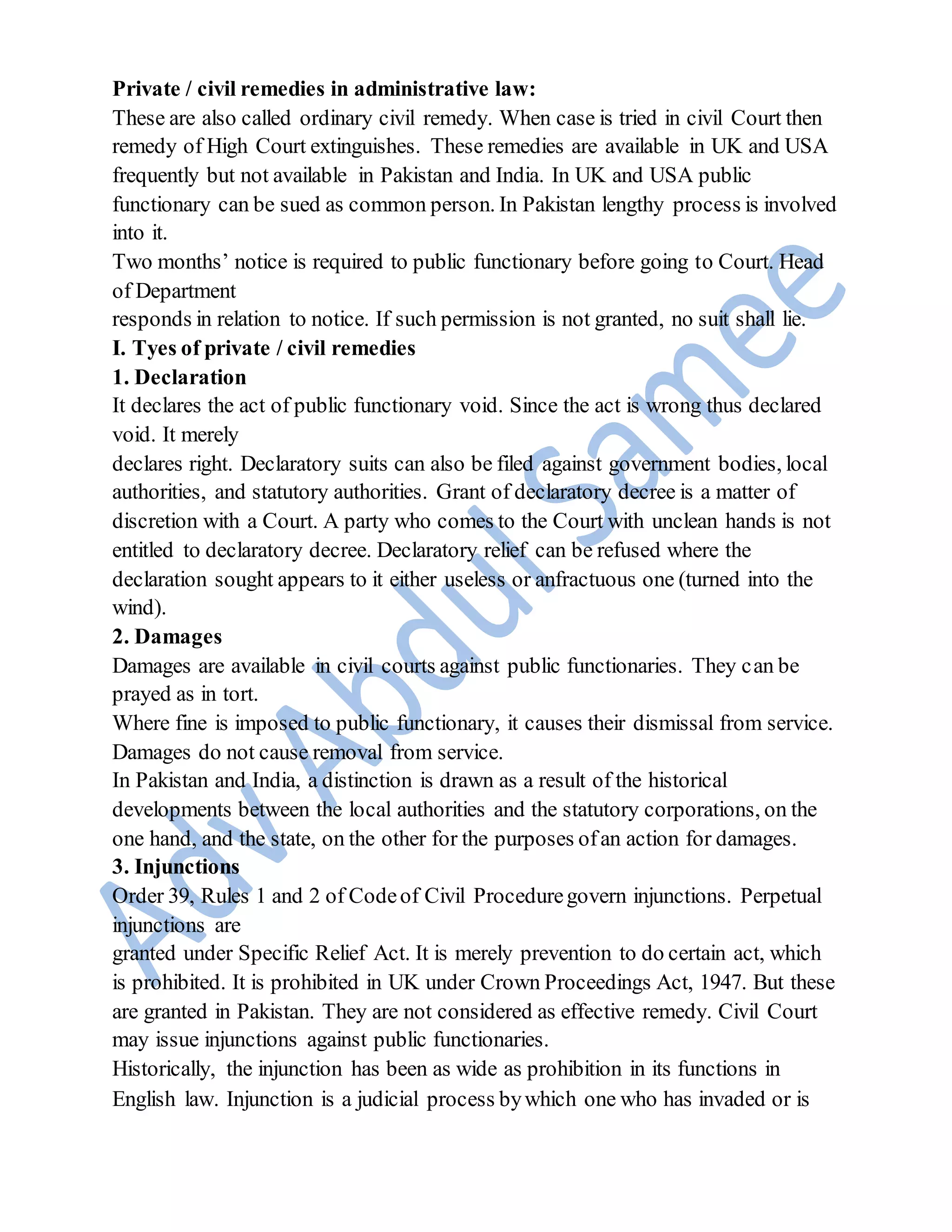 Private Law Remedies in Administrative Law | DOCX