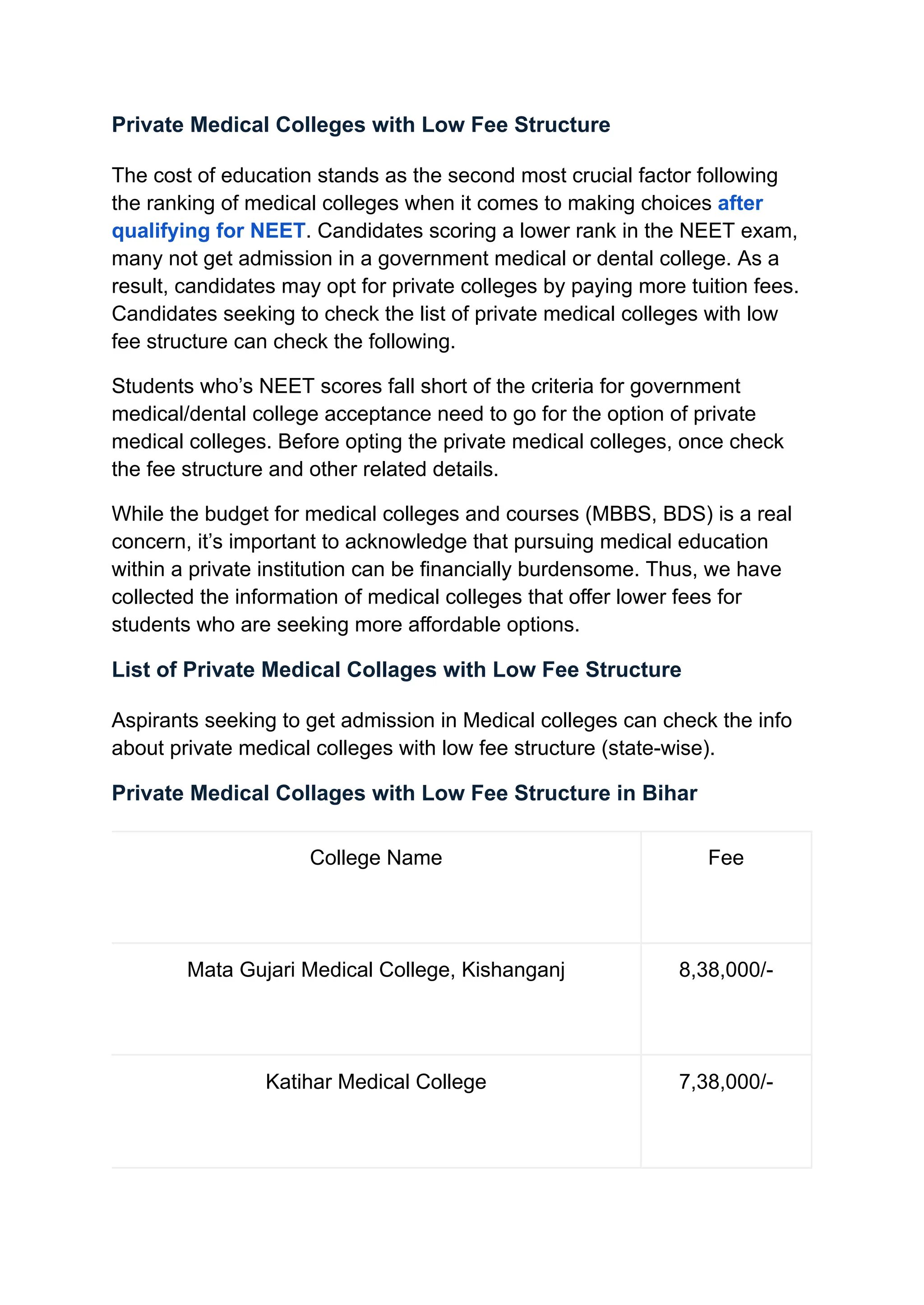 Private Medical Colleges with Low Fee Structure | PDF