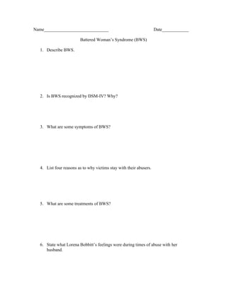 Battered Woman Syndrome Question Sheet | DOC