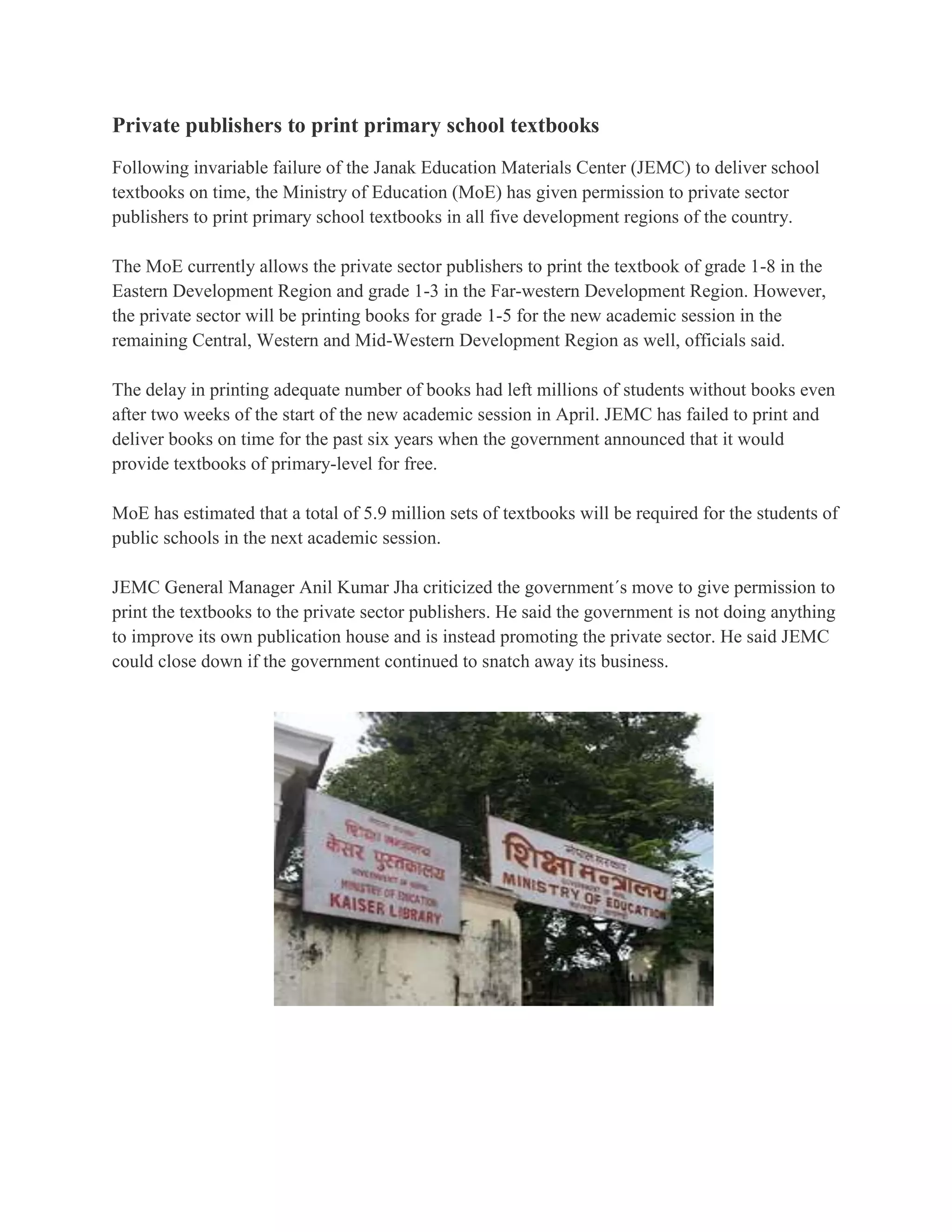 Private publishers to print primary school textbooks. | PDF