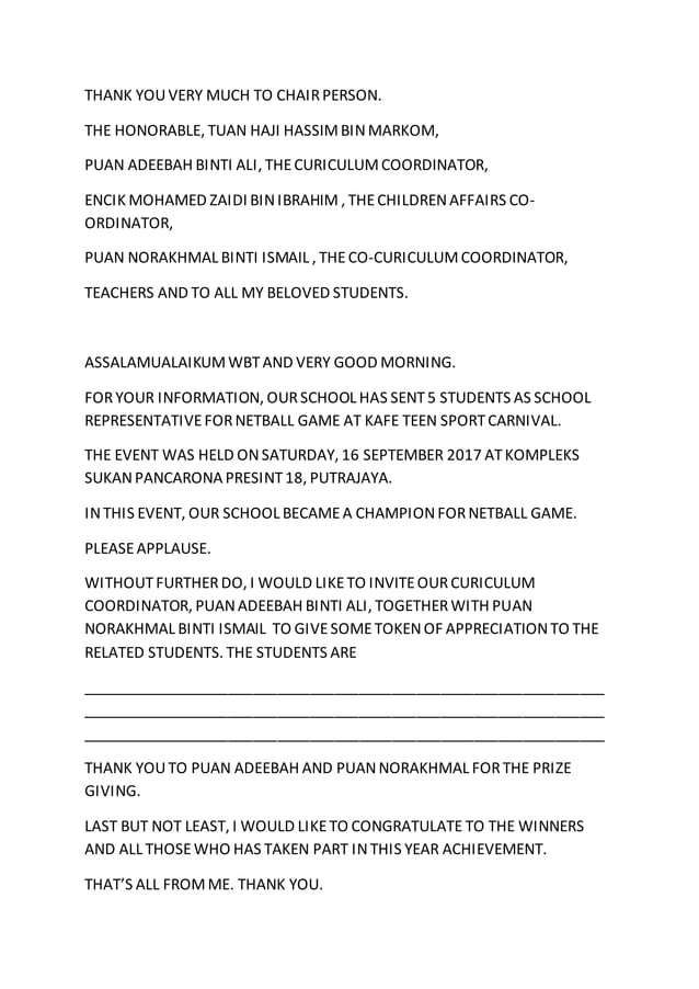 Prize giving speech | DOCX | Awards Shows | Events