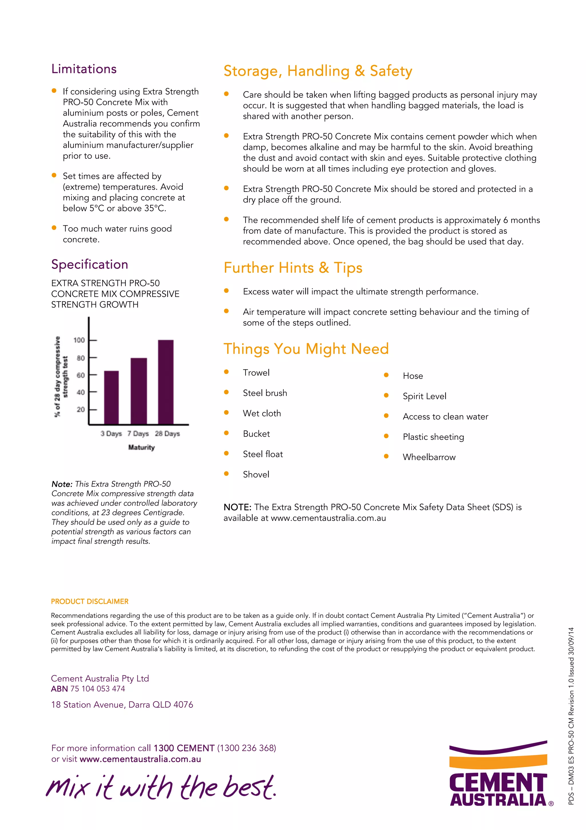 Cement Australia - Extra Strength PRO-50 Concrete Mix | PDF